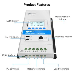 EPEVER 40A MPPT Solar Charge Controller Max. PV 150V Solar Panel Charge Regulator with LED&LCD Display Double USB Port and MT50 Remote Meter Temperature Sensor RTS & PC Communication Cable RS485