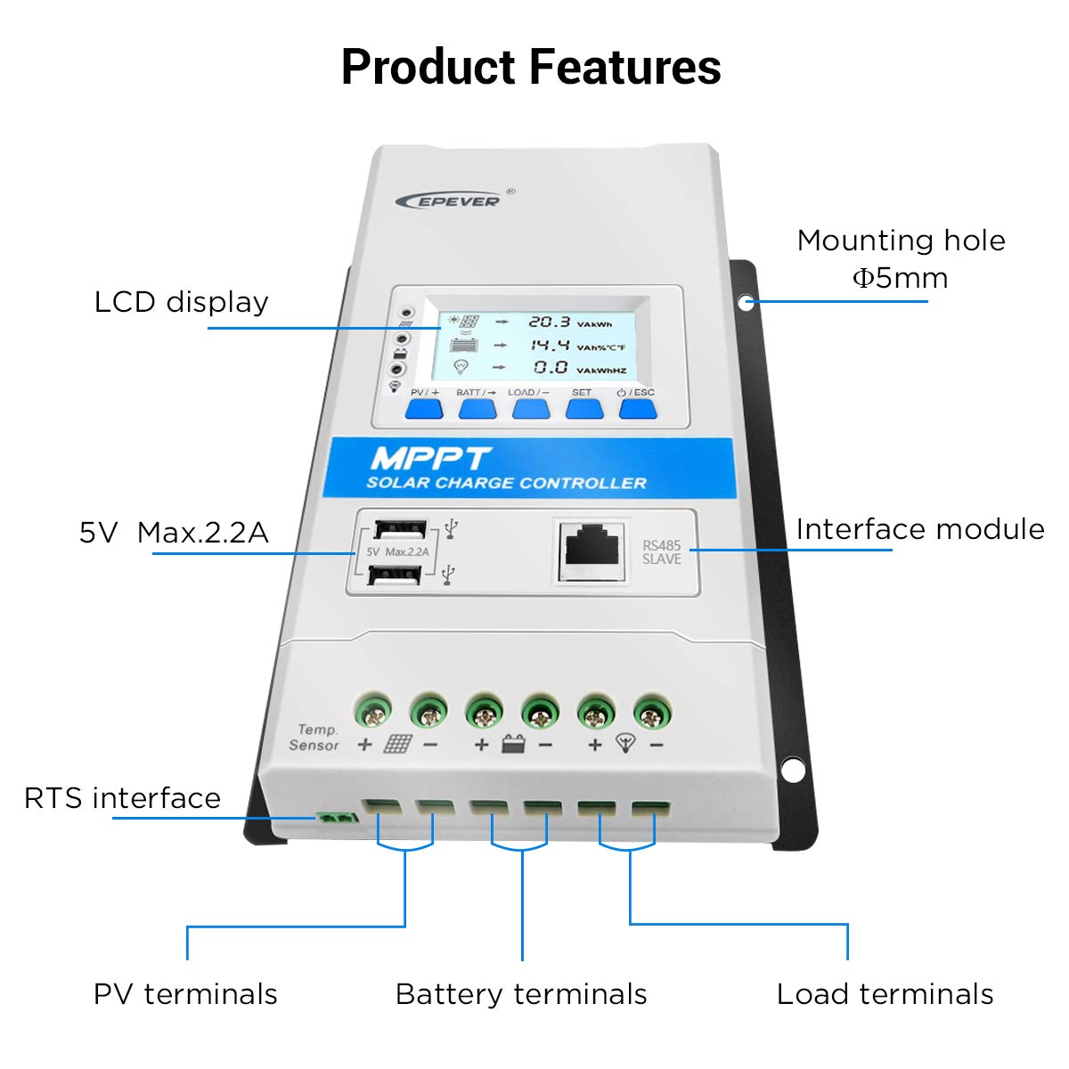 EPEVER 40A MPPT Solar Charge Controller Max. PV 150V Solar Panel Charge Regulator with LED&LCD Display Double USB Port and MT50 Remote Meter Temperature Sensor RTS & PC Communication Cable RS485