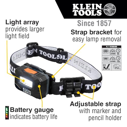 Klein Tools 56049 Rechargeable Headlamp / LED Lights, Adjustable Fabric Strap with Marker / Pencil Holder, 260 Lumens, for Work and Outdoors