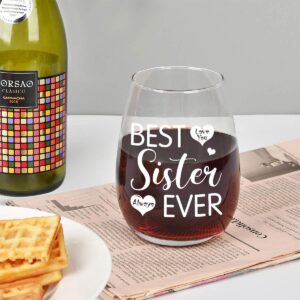 Futtumy Sister Gifts Stemless Wine Glass, Best Sister Ever Love You Always, Great Wine Glass Gifts for Sister Women Sister in Law Friend Birthday Christmas, 15 Oz