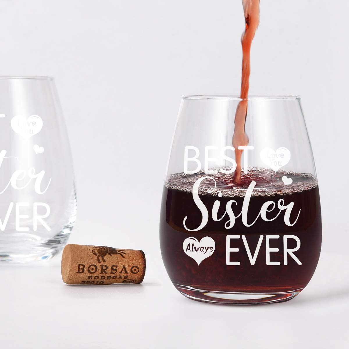 Futtumy Sister Gifts Stemless Wine Glass, Best Sister Ever Love You Always, Great Wine Glass Gifts for Sister Women Sister in Law Friend Birthday Christmas, 15 Oz