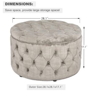 Homebeez 28 Inch Round Velvet Storage Ottoman, Button Tufted Footrest Stool Bench Coffee Table for Living Room (Beige)