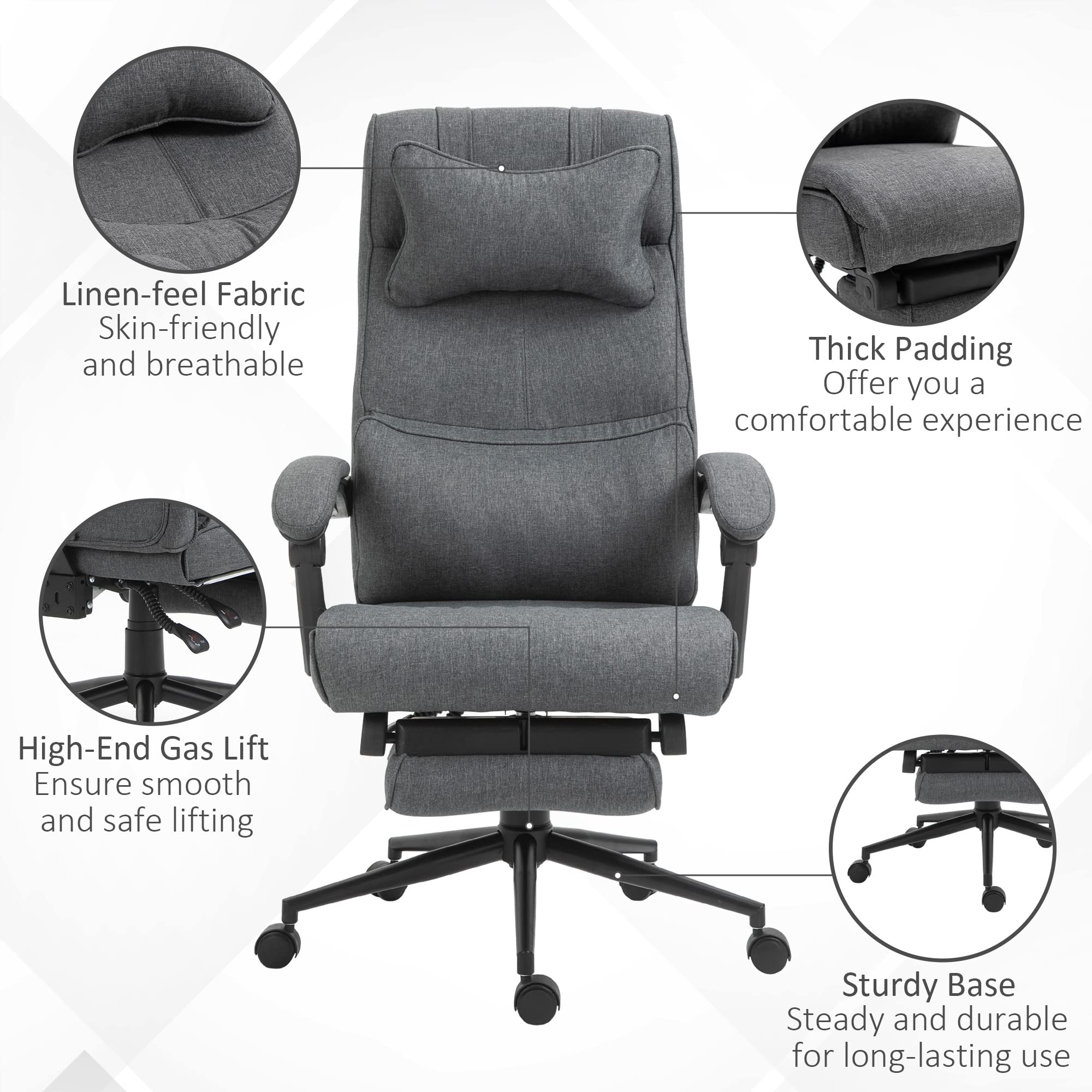 Vinsetto High Back Executive Office Chair, Reclining Computer Desk Chair with Footrest, Height Adjustable Fabric Office Chair with Headrest and Lumbar Support, Gray