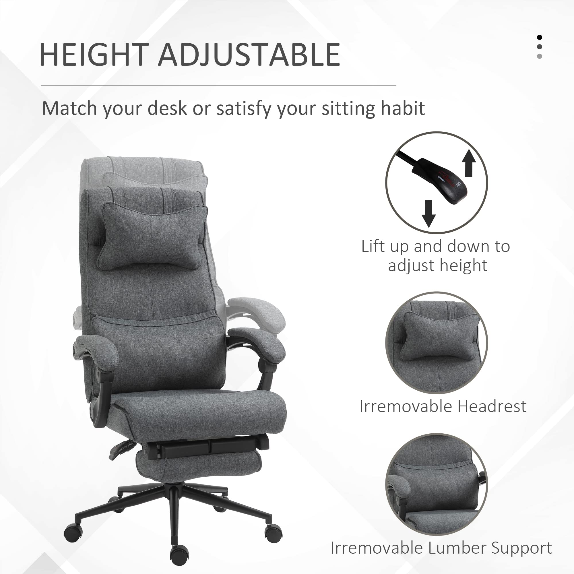 Vinsetto High Back Executive Office Chair, Reclining Computer Desk Chair with Footrest, Height Adjustable Fabric Office Chair with Headrest and Lumbar Support, Gray