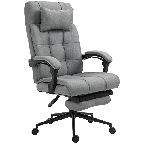 Vinsetto Executive Linen-Feel Fabric Office Chair High Back Swivel Task Chair with Adjustable Height Upholstered Retractable Footrest, Headrest and Padded Armrest, Light Grey