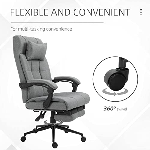 Vinsetto Executive Linen-Feel Fabric Office Chair High Back Swivel Task Chair with Adjustable Height Upholstered Retractable Footrest, Headrest and Padded Armrest, Light Grey