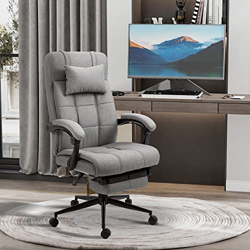 Vinsetto Executive Linen-Feel Fabric Office Chair High Back Swivel Task Chair with Adjustable Height Upholstered Retractable Footrest, Headrest and Padded Armrest, Light Grey