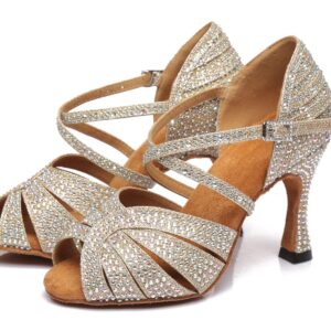 Minishion Women's Cross Strap Gold Glitter Latin Dance Shoes US 8.5