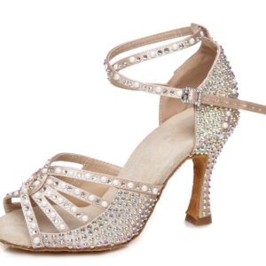 Minishion Women's Ankle Strap Beading Nude Satin Ballroom Dance Shoes Evening Sandals US 4