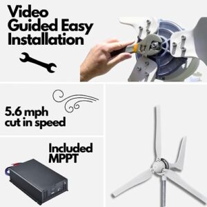 Automaxx Windmill 1500W 48V 60A Wind Turbine Generator kit. Includes MPPT Controller with App Control, Automatic and Manual Braking Features, and Spare Blades Set. Simple DIY Installation