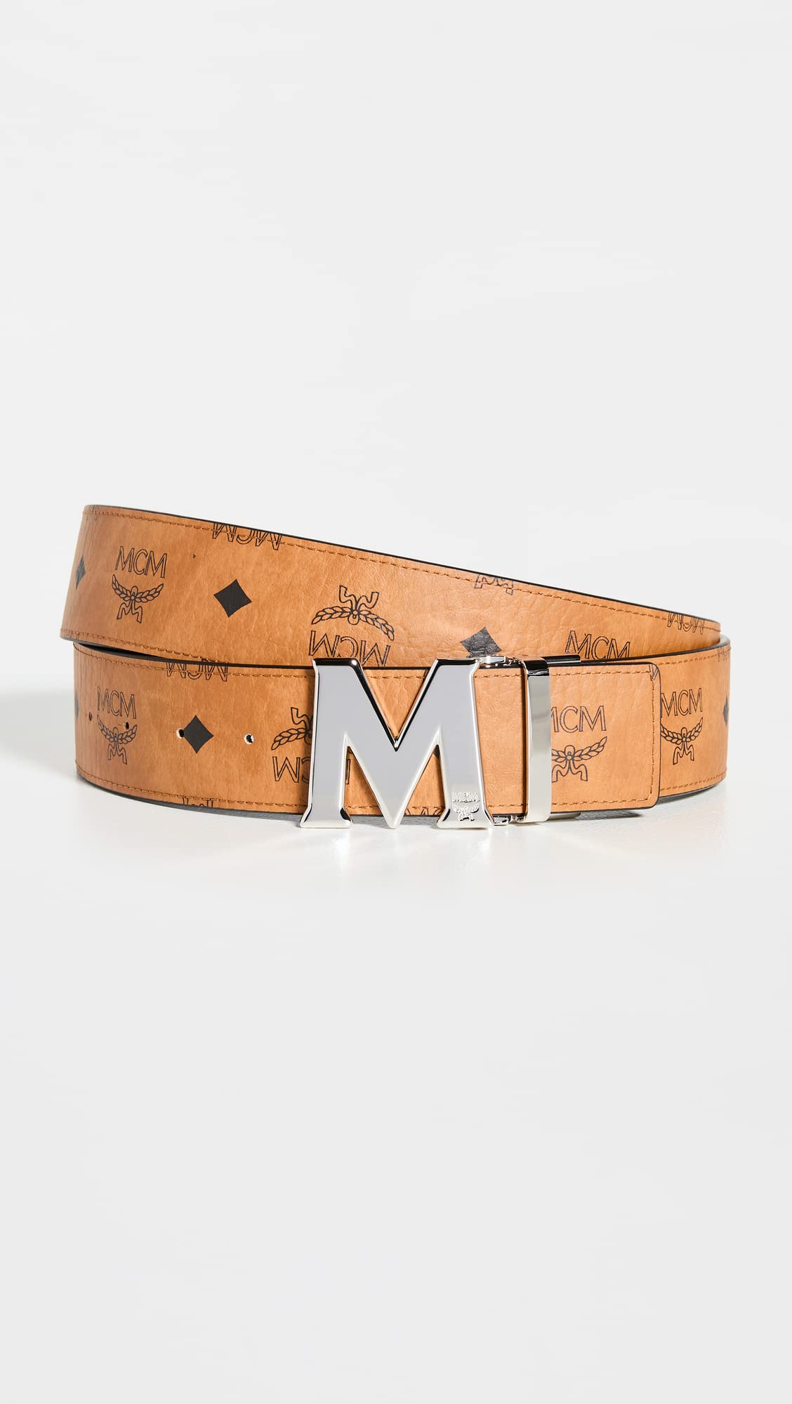 MCM Men's Claus Reversible Belt, Cognac, Tan, Graphic, Silver, One Size