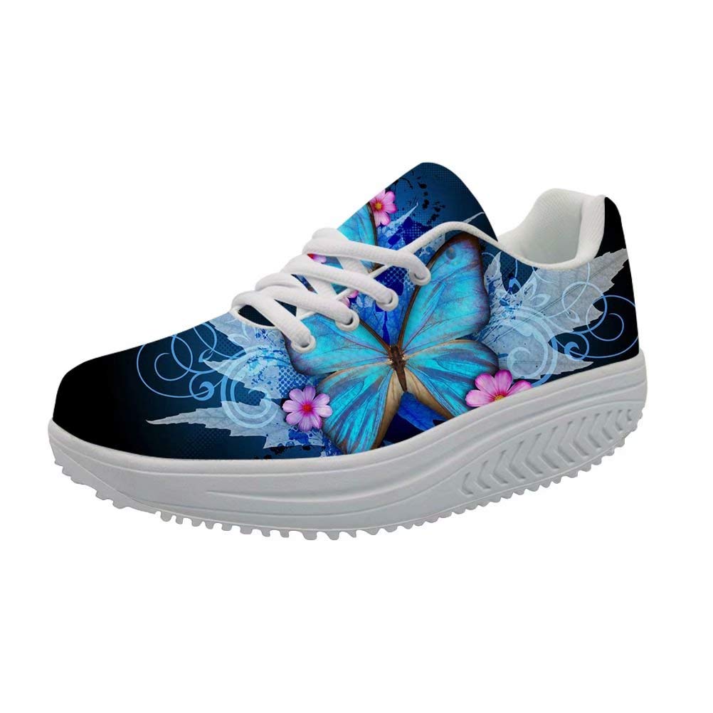 FOR U DESIGNS Women’s Lace-up Walking Shoes Butterfly Pattern Lightweight Tennis Shoes Casual Running Sneakers Blue Size 10