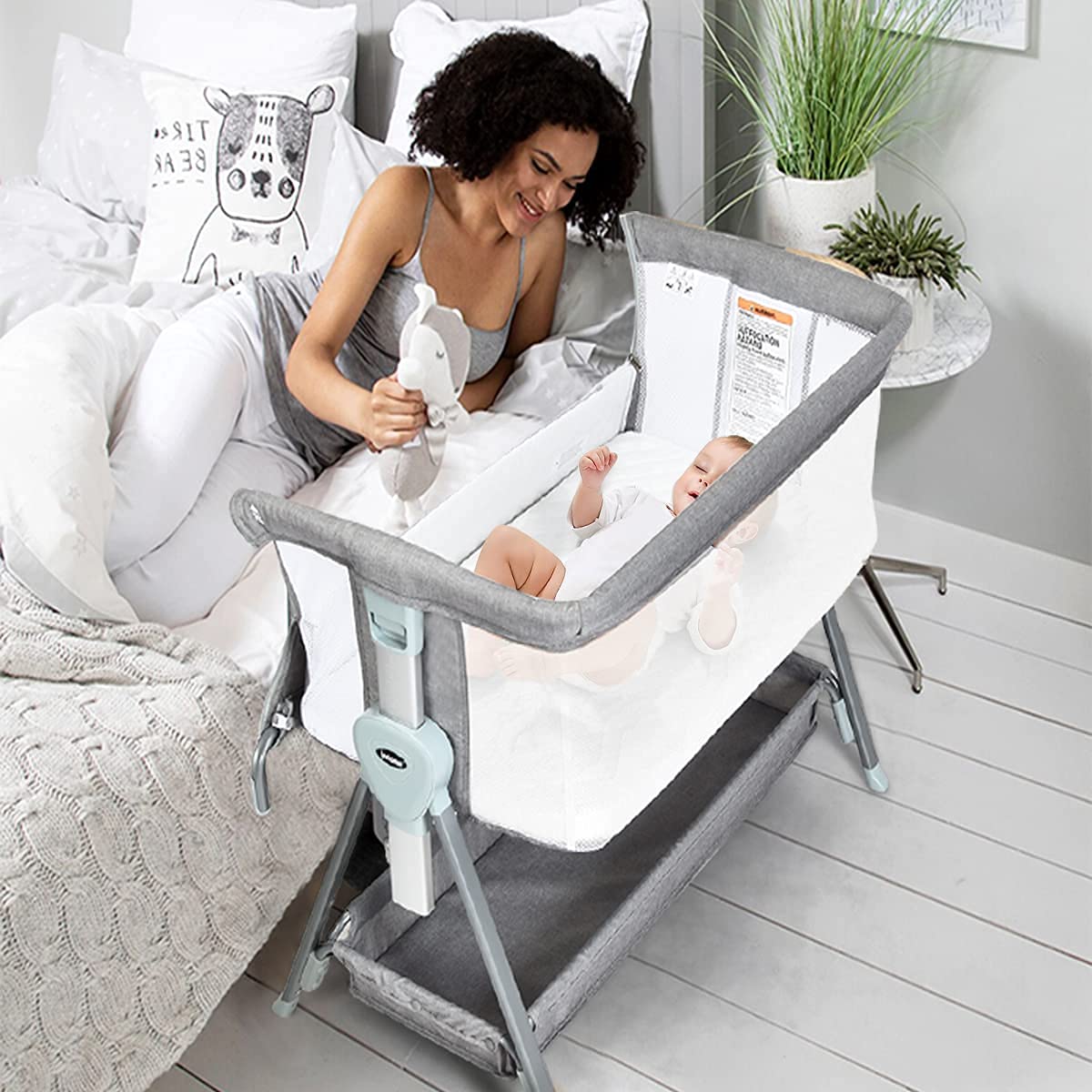 INFANS Baby Bassinet Bedside Crib, Newborn Sleeper w/Large Storage Basket, Adjustable Heights & Angle, Detachable &Washable Mattress, Breathable Mesh, Straps, Easy Moving Bed Side, Light Grey