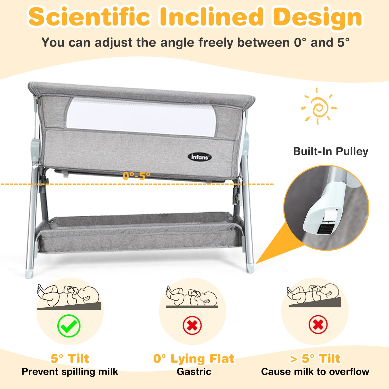 INFANS Baby Bassinet Bedside Crib, Newborn Sleeper w/Large Storage Basket, Adjustable Heights & Angle, Detachable &Washable Mattress, Breathable Mesh, Straps, Easy Moving Bed Side, Light Grey