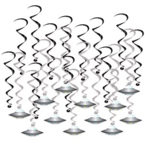 beistle 24 piece flying saucer whirls hanging spirals, 17.5" - 25", black/silver/white/blue/green