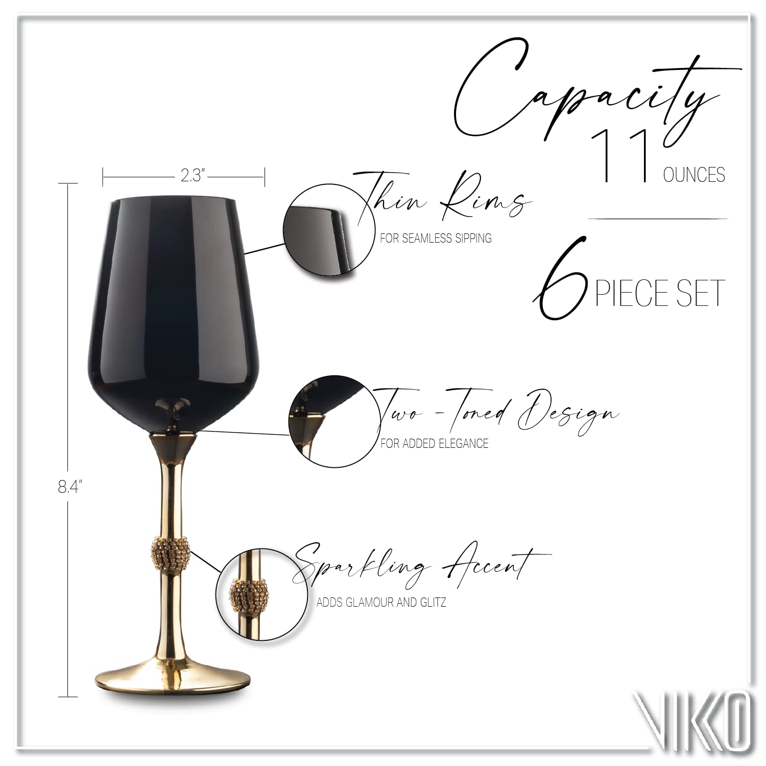 Vikko Décor Black and Gold Wine Glasses | 11 Ounce Cup – Striking Black and Gold Design with Diamante Accents – Dishwasher Safe – Set of Six Stunning Wine Glasses – 8.4” x 2.3”