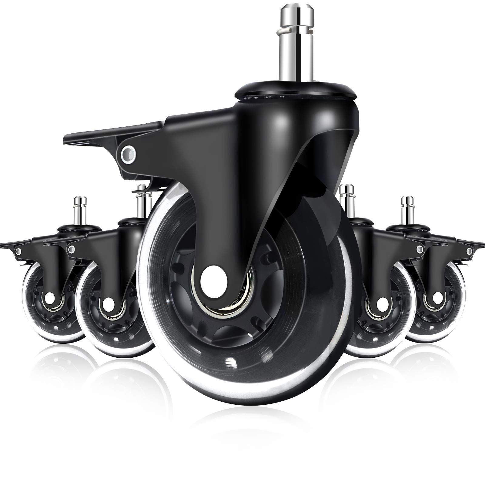 LONGADS Office Chair Caster Wheels with Brakes 5 Packs 3 in for Hardwood Floors and Low Pile Carpet,Heavy Duty Quiet Swivel Replacement -Made from Soft Premium Pu Rubber-Black