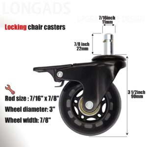 LONGADS Office Chair Caster Wheels with Brakes 5 Packs 3 in for Hardwood Floors and Low Pile Carpet,Heavy Duty Quiet Swivel Replacement -Made from Soft Premium Pu Rubber-Black