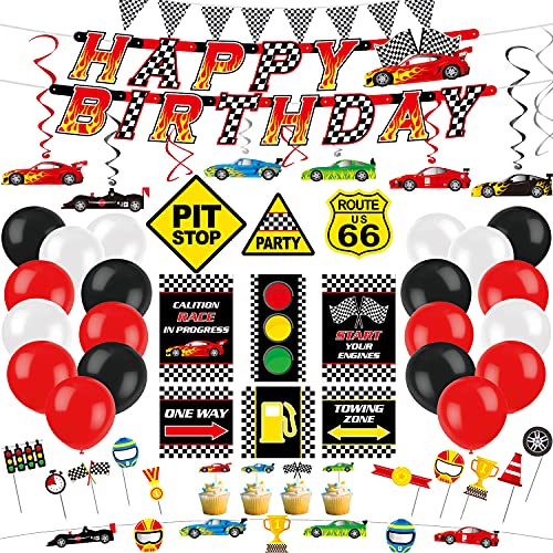 DECORLIFE Race Car Birthday Party Decorations, Car Theme Party Supplies Includes Checkered Flag Banner, Balloons, Hanging Swirls, Photo Booth Props, Traffic Signs, Racing Car Garland, Total 70PCS