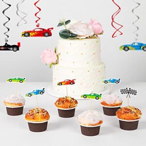 DECORLIFE Race Car Birthday Party Decorations, Car Theme Party Supplies Includes Checkered Flag Banner, Balloons, Hanging Swirls, Photo Booth Props, Traffic Signs, Racing Car Garland, Total 70PCS