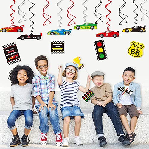 DECORLIFE Race Car Birthday Party Decorations, Car Theme Party Supplies Includes Checkered Flag Banner, Balloons, Hanging Swirls, Photo Booth Props, Traffic Signs, Racing Car Garland, Total 70PCS