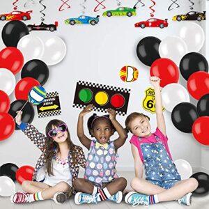 DECORLIFE Race Car Birthday Party Decorations, Car Theme Party Supplies Includes Checkered Flag Banner, Balloons, Hanging Swirls, Photo Booth Props, Traffic Signs, Racing Car Garland, Total 70PCS