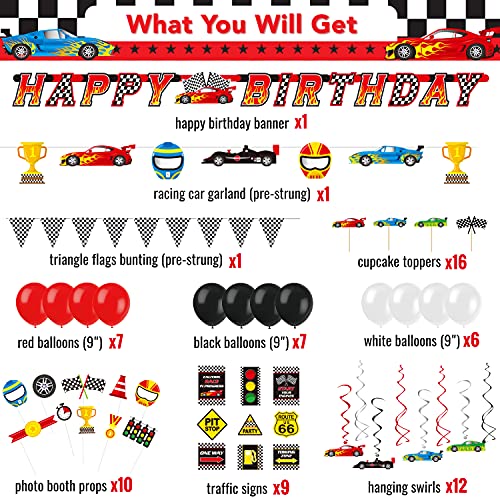 DECORLIFE Race Car Birthday Party Decorations, Car Theme Party Supplies Includes Checkered Flag Banner, Balloons, Hanging Swirls, Photo Booth Props, Traffic Signs, Racing Car Garland, Total 70PCS