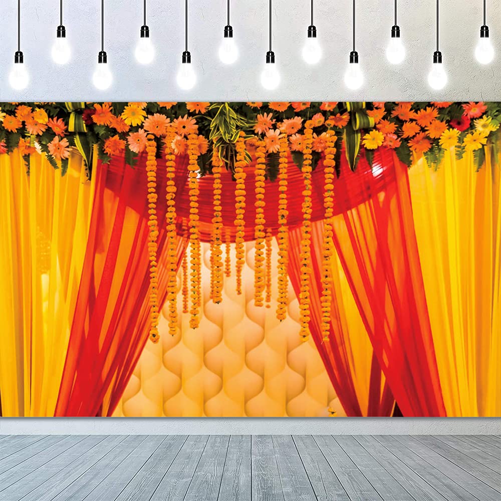 YongFoto 7x5ft Happy Diwali Backdrop Banner Indian Traditional Backdrop Happy Holi Backdrop Hindu Indian Wedding Background Flower Garland Yellow Tulle Curtain Anniversary Backdrop