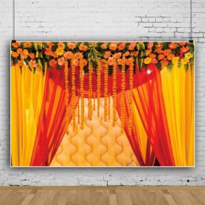 YongFoto 7x5ft Happy Diwali Backdrop Banner Indian Traditional Backdrop Happy Holi Backdrop Hindu Indian Wedding Background Flower Garland Yellow Tulle Curtain Anniversary Backdrop