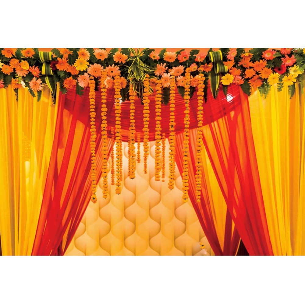 YongFoto 7x5ft Happy Diwali Backdrop Banner Indian Traditional Backdrop Happy Holi Backdrop Hindu Indian Wedding Background Flower Garland Yellow Tulle Curtain Anniversary Backdrop