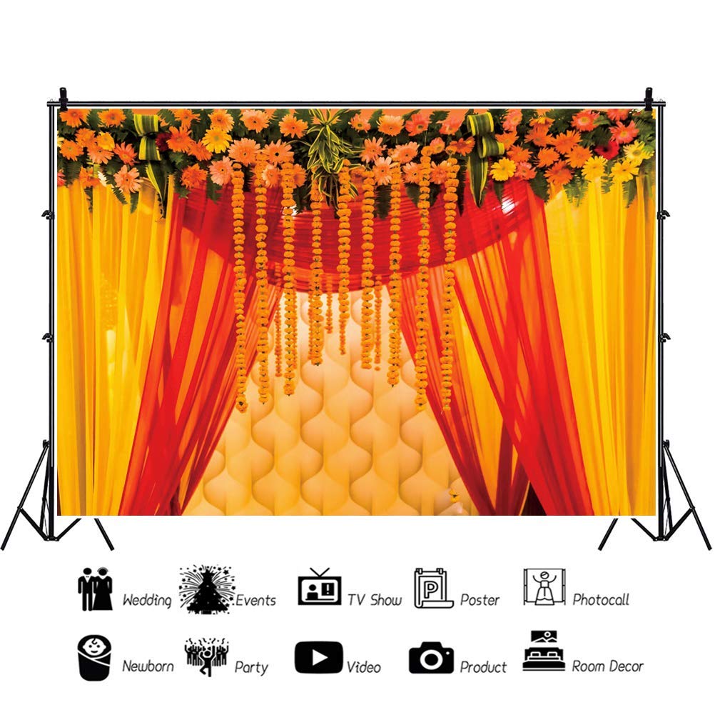 YongFoto 7x5ft Happy Diwali Backdrop Banner Indian Traditional Backdrop Happy Holi Backdrop Hindu Indian Wedding Background Flower Garland Yellow Tulle Curtain Anniversary Backdrop