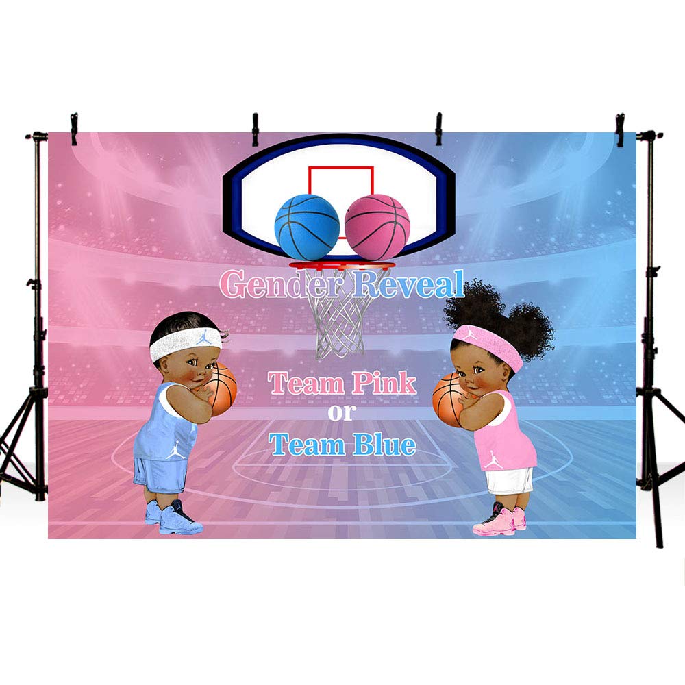 MEHOFOND Team Pink or Team Blue Gender Reveal Party Photo Background Props Baskeball Baby Shower Boy or Girl Blue or Pink Decoration Basketball Court Backdrops Banner for Dessert Table 7x5ft