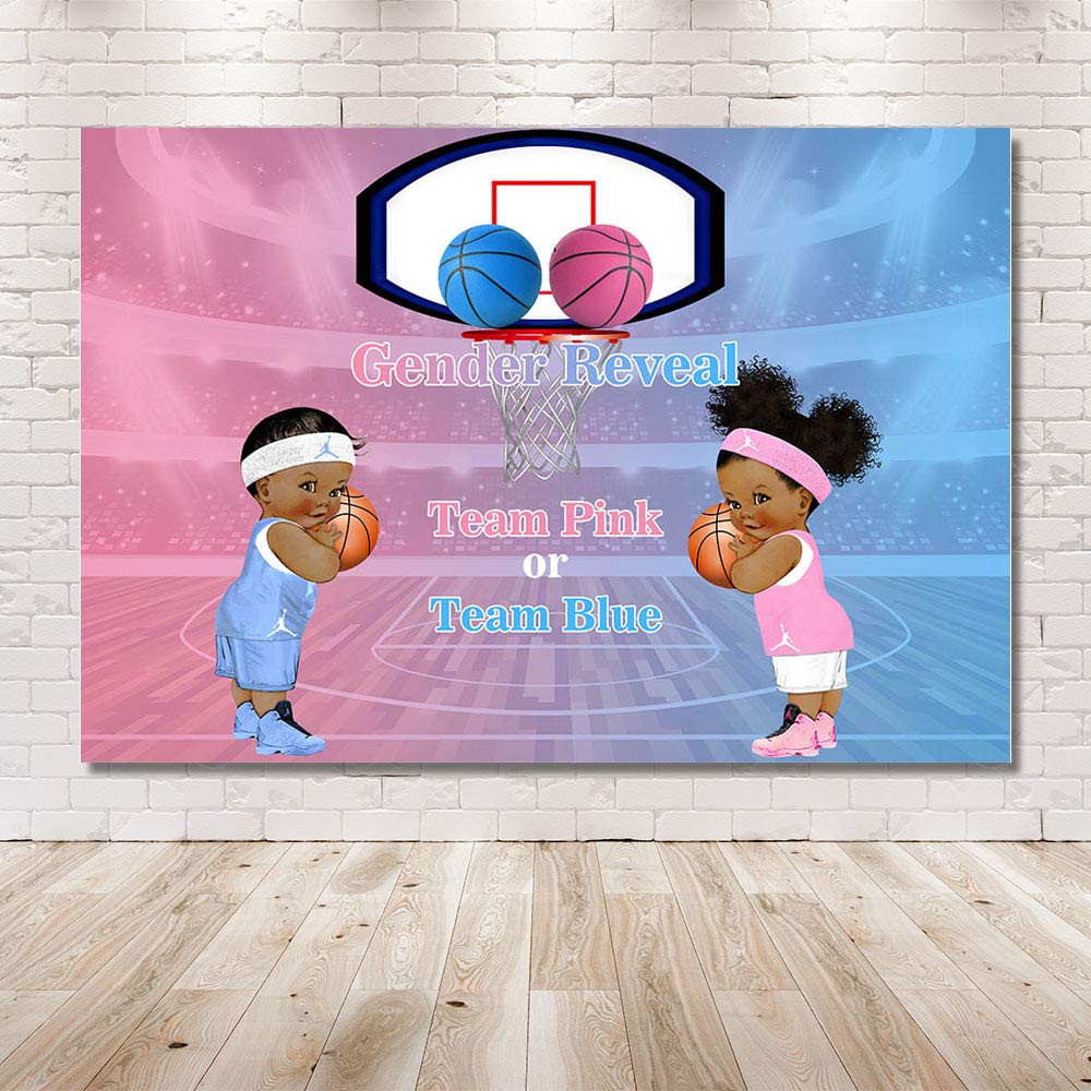 MEHOFOND Team Pink or Team Blue Gender Reveal Party Photo Background Props Baskeball Baby Shower Boy or Girl Blue or Pink Decoration Basketball Court Backdrops Banner for Dessert Table 7x5ft