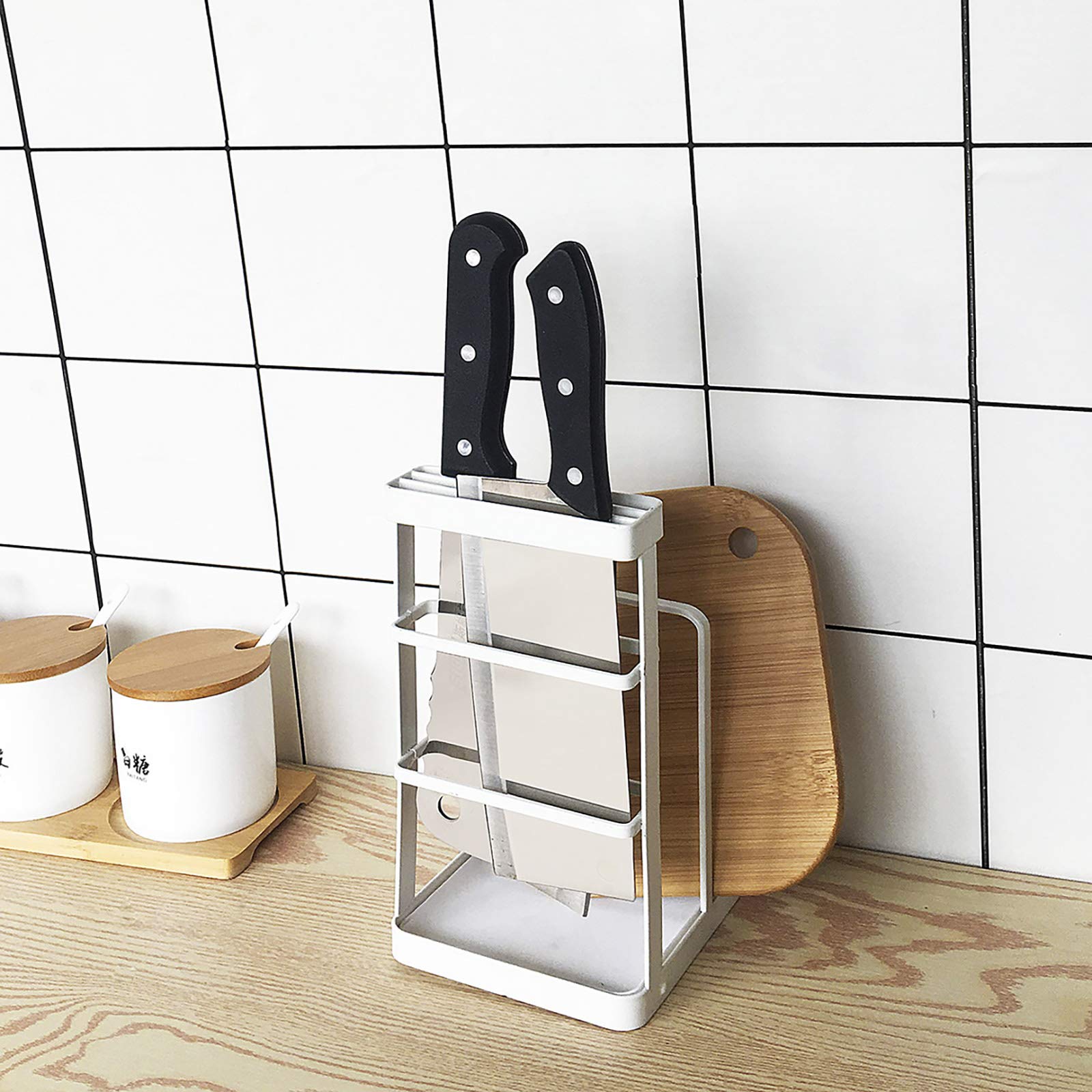 VANRA Metal Steel Cutting Board Holder Knife Block Kitchen Organizer Pantry Bakeware Rack Pan Pot Cover Lid Rack Stand with Draining Tray (White)