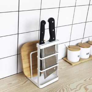 VANRA Metal Steel Cutting Board Holder Knife Block Kitchen Organizer Pantry Bakeware Rack Pan Pot Cover Lid Rack Stand with Draining Tray (White)