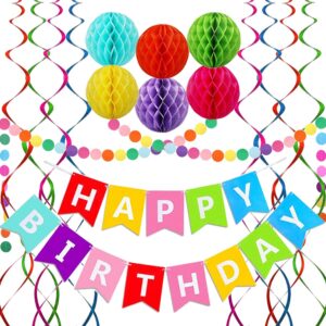 happy birthday banner, rainbow birthday banner, 6 honeycomb balls, 8 metallic hanging swirls and circle parper garland, happy birthday decorations