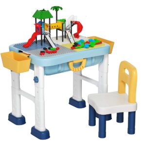 costzon kids table and chair set, 7 in 1 activity table for toddlers drawing, arts, building blocks, sand table, convertible to luggage with wheels, height adjustable children table with storage