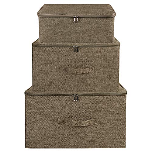 ANMINY 3PCS Storage Bins with Zipper Lid Handles Storage Boxes PP Plastic Board Foldable Lidded Cotton Linen Fabric Home Cubes Baskets Closet Clothes Toys Organizer Containers - Coffee, Large Size