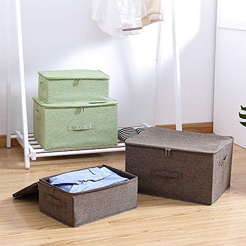 ANMINY 3PCS Storage Bins with Zipper Lid Handles Storage Boxes PP Plastic Board Foldable Lidded Cotton Linen Fabric Home Cubes Baskets Closet Clothes Toys Organizer Containers - Coffee, Large Size