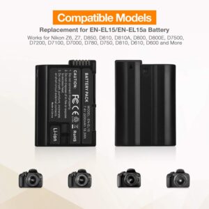 LORDONE EN-EL15/ EL15a /EL15b Battery 2-Pack and USB Dual Charger for Nikon d7200, d750, d7500, d850, d610, d500, MH-25a, d7000, z6, d810 Batteries (2200mAh)