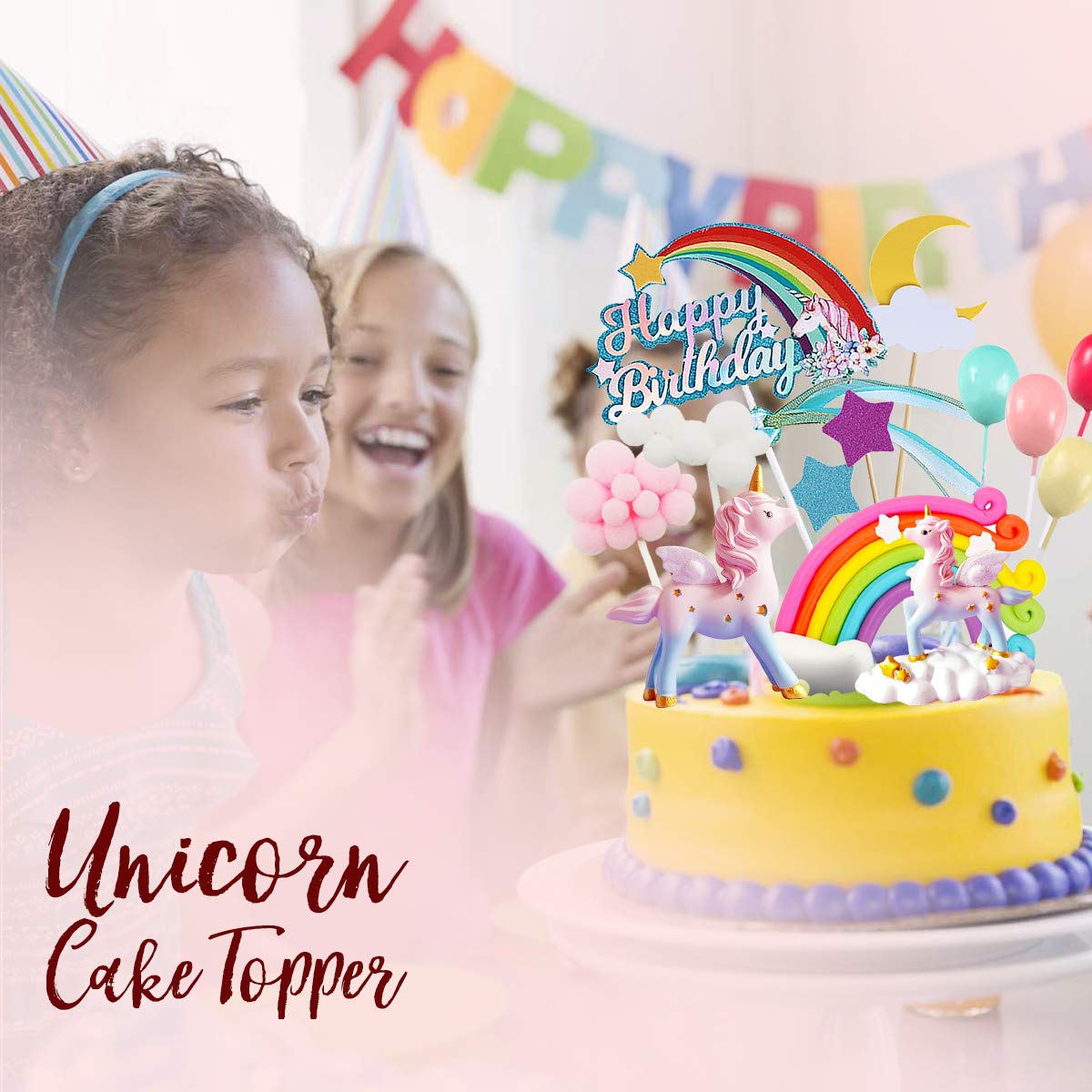 MOVINPE Unicorn Cake Topper, 2 Magic Unicorns Sculpture, 1 Rainbow, 1 Happy Birthday Banner, 2 Cloud, 4 Balloon, 12 Stars, 1 Moon, Cake Decoration For Girl Kid Women Birthday Party