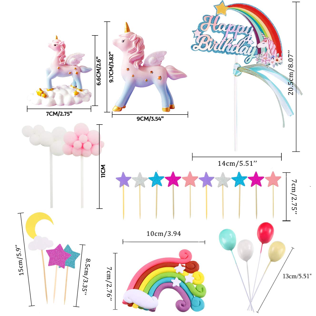 MOVINPE Unicorn Cake Topper, 2 Magic Unicorns Sculpture, 1 Rainbow, 1 Happy Birthday Banner, 2 Cloud, 4 Balloon, 12 Stars, 1 Moon, Cake Decoration For Girl Kid Women Birthday Party