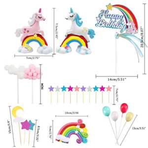 MOVINPE Unicorn Cake Topper, 2 Magic Unicorns Sculpture, 1 Rainbow, 1 Happy Birthday Banner, 2 Cloud, 4 Balloon, 12 Stars, 1 Moon, Cake Decoration For Girl Kid Women Birthday Party