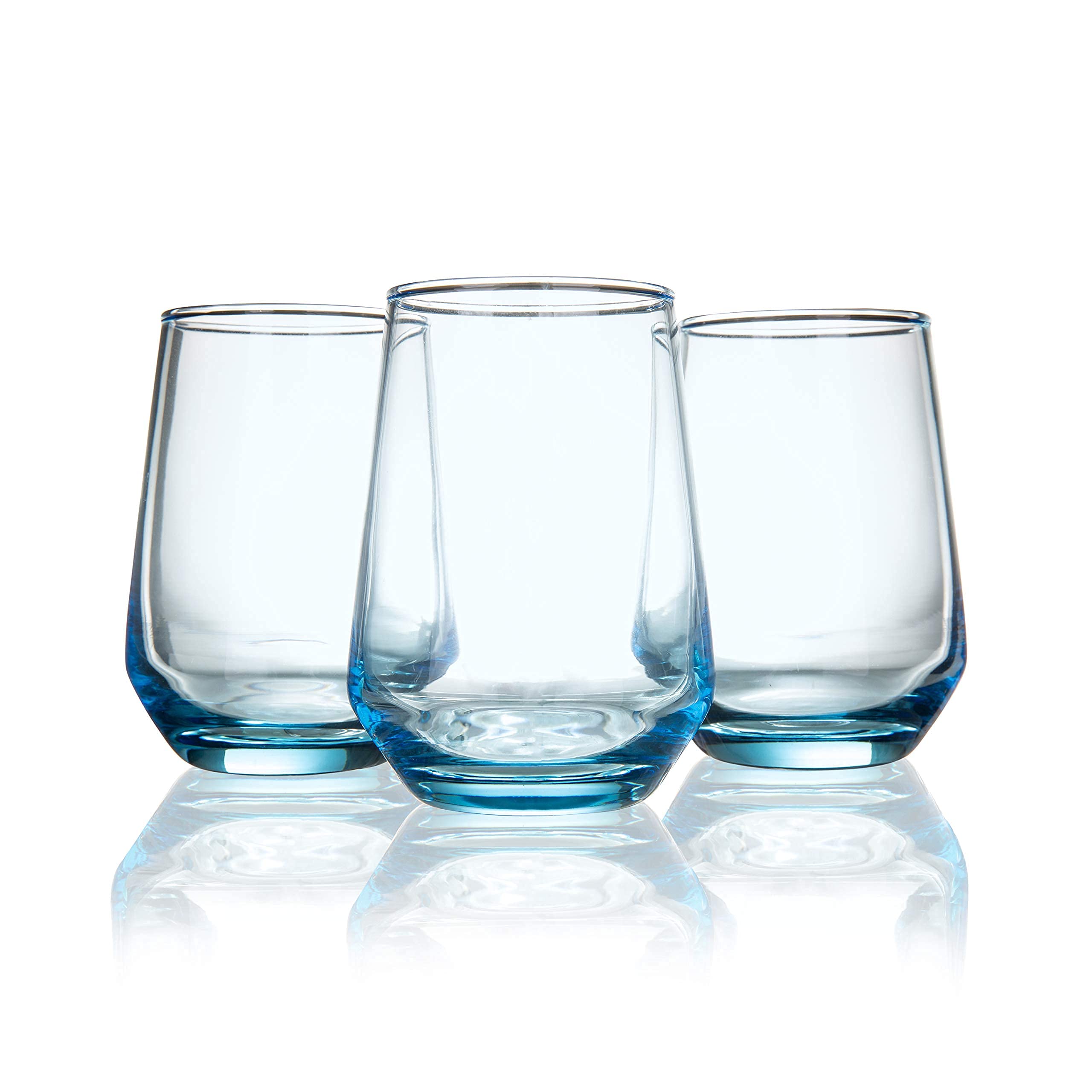 Burns Blue Drinking Glasses, 6 pcs Stemless Wine Glasses Italian-Style, Clear Colored Glass Cup Set, 13 Oz.