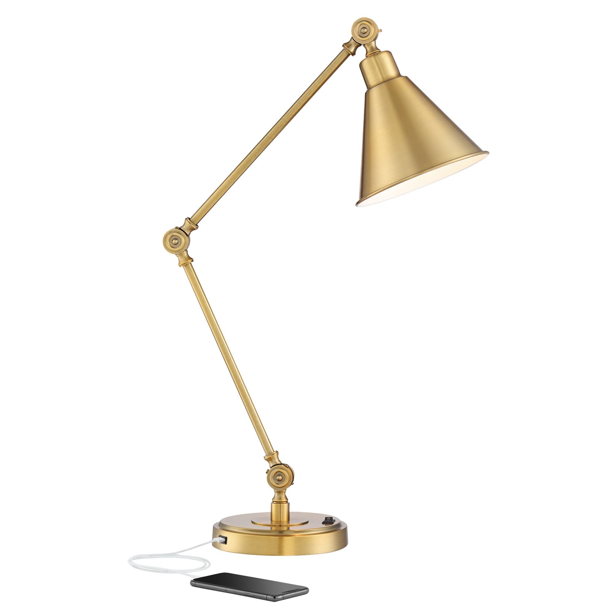 360 Lighting Wray Modern Desk Lamp 26 3/4" High with USB Charging Port Warm Brass Gold Metal Adjustable Arm Head for Bedroom Living Room House Bedside Nightstand Home Office Reading Family