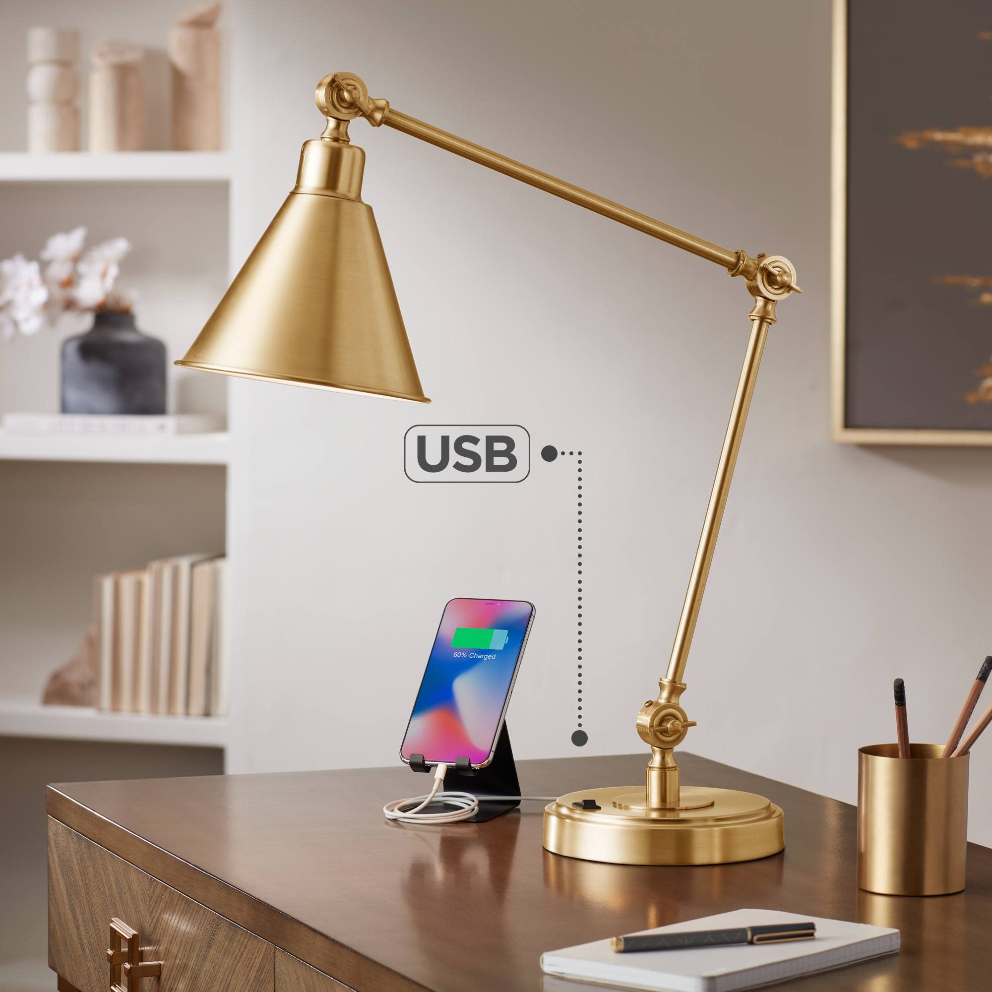 360 Lighting Wray Modern Desk Lamp 26 3/4" High with USB Charging Port Warm Brass Gold Metal Adjustable Arm Head for Bedroom Living Room House Bedside Nightstand Home Office Reading Family