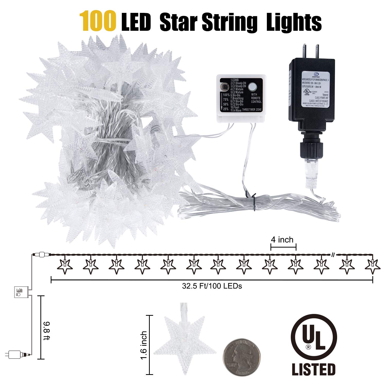 Minetom Star String Lights Plug in - 33 ft 100 LED Star Fairy String Lights with Remote and Timer, Waterproof for Bedroom Porch Wedding Party Patio Garden Tent Indoor Outdoor Décor, Warm White