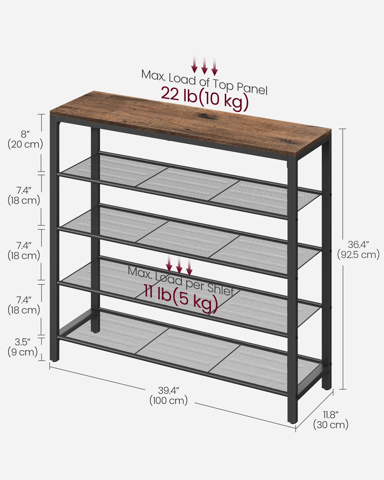 VASAGLE INDESTIC Shoe Rack, Shoe Organizer for Closet with 4 Mesh Shelves and Large Top for Bags, Entryway Hallway Shoe Shelf, Steel Frame, Industrial, Hazelnut Brown and Black ULBS015B03