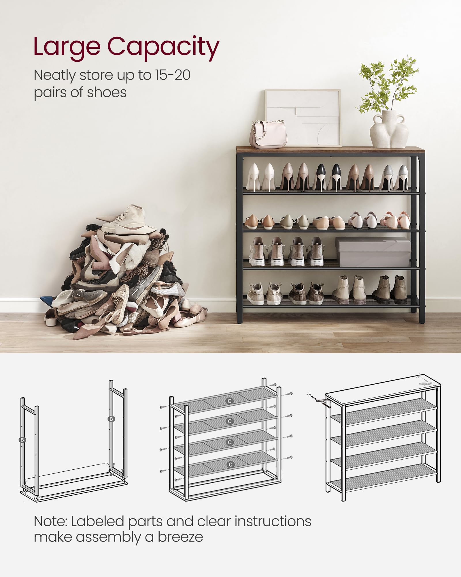 VASAGLE INDESTIC Shoe Rack, Shoe Organizer for Closet with 4 Mesh Shelves and Large Top for Bags, Entryway Hallway Shoe Shelf, Steel Frame, Industrial, Hazelnut Brown and Black ULBS015B03