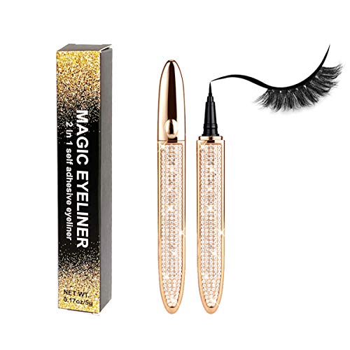 2021 Upgraded Self-adhesive Eyeliner,2 in 1 Eye Liner Pen Diamond Bling Glitter Liquid Eyeliner No Glue, Non Magnetic, Eye Liner for Eye Makeup and Wear Normal False Eyelashes (Queen Gold)